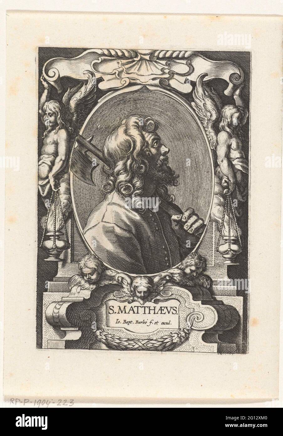 Evangelist Mattheus with halberd in frame with architecture ornaments ...