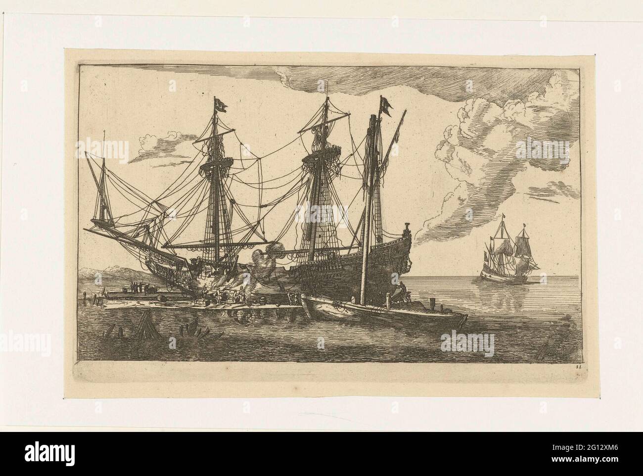 Repairs to the hull of a ship. Copy in mirror image. Men standing on a ...