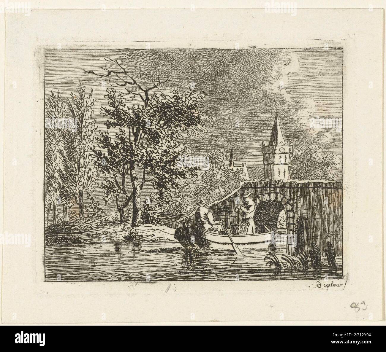 Two men in a rowing boat just behind a stone bridge Stock Photo - Alamy