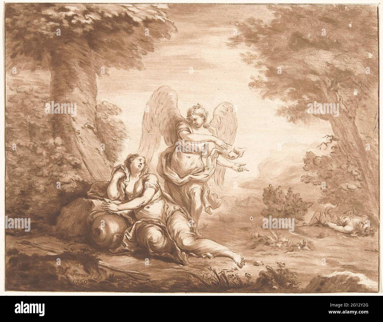 Hagar in the desert. Hagar is on the floor in a mountainous landscape ...