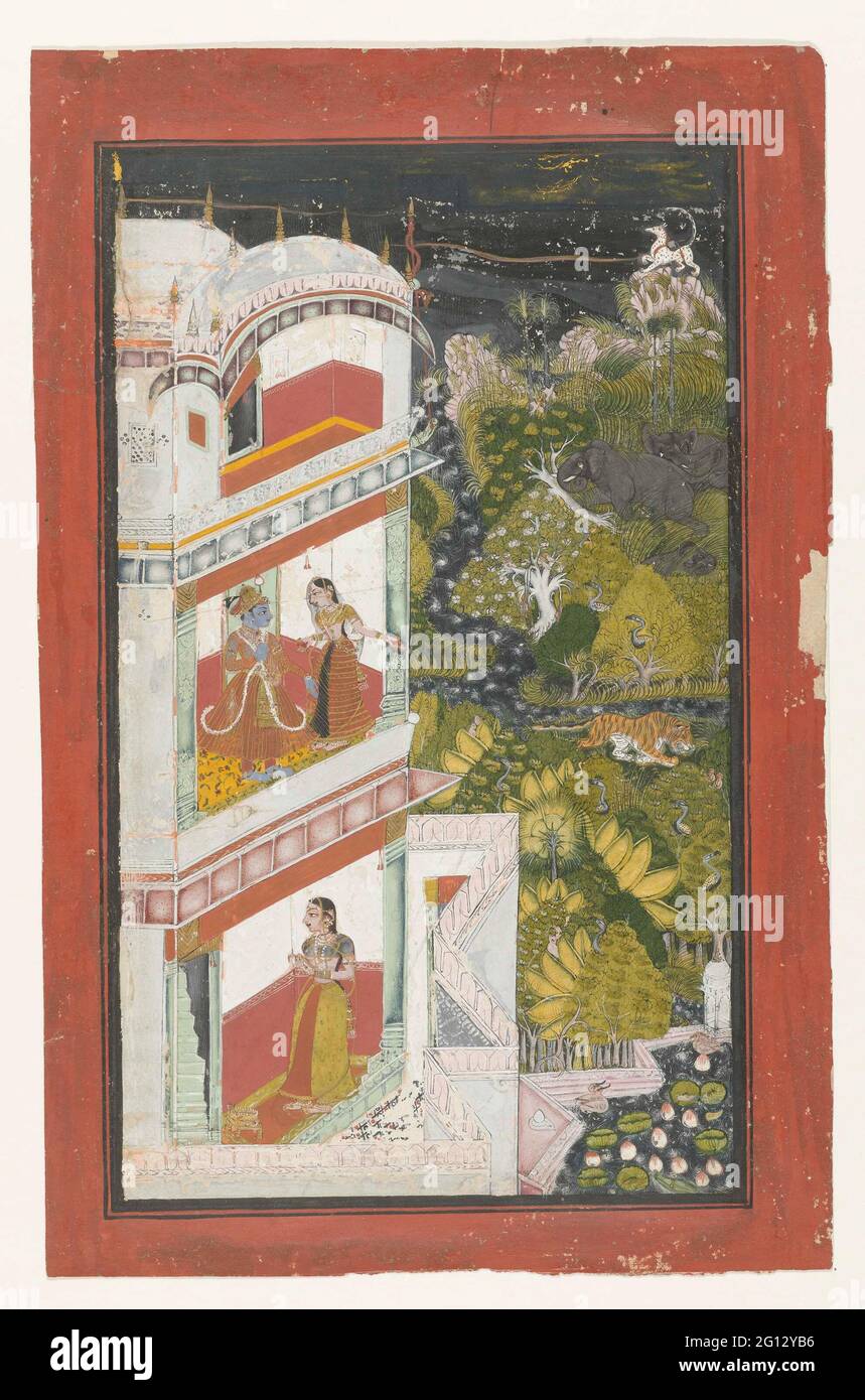 The month of Bhadrapada. Krishna and Radha in a palace and a garden ...