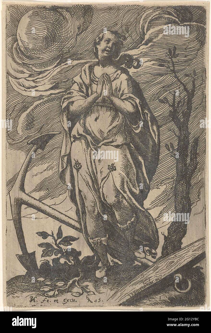 Hope. Female personification of hope stands with folded hands in a ...