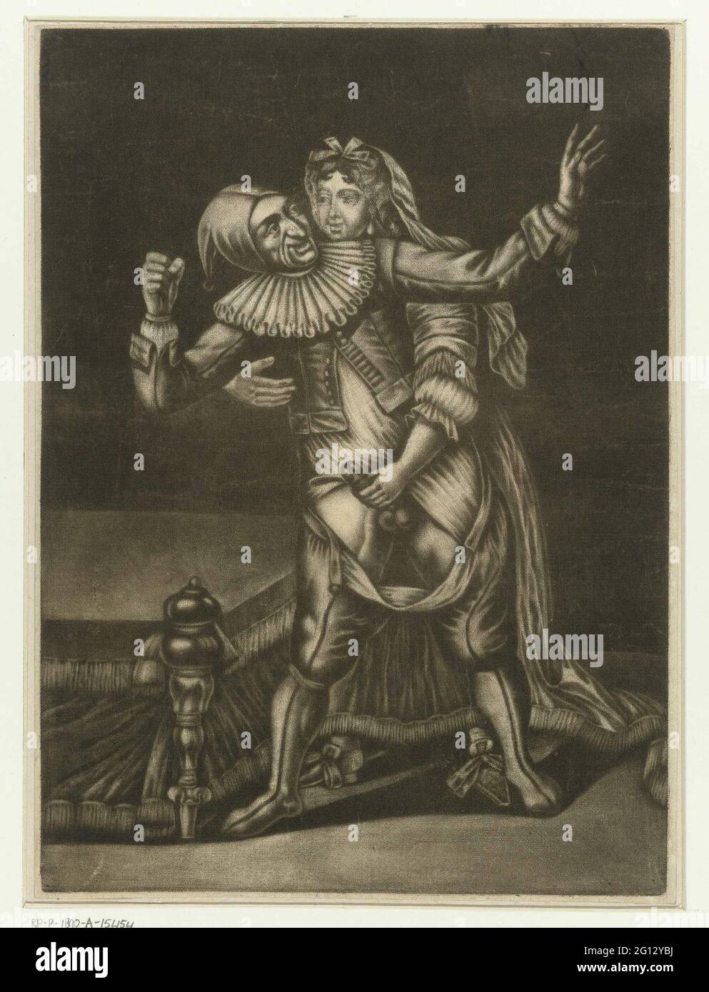 A jester is engaged by a lady. A lady embraces a jester from behind and ...