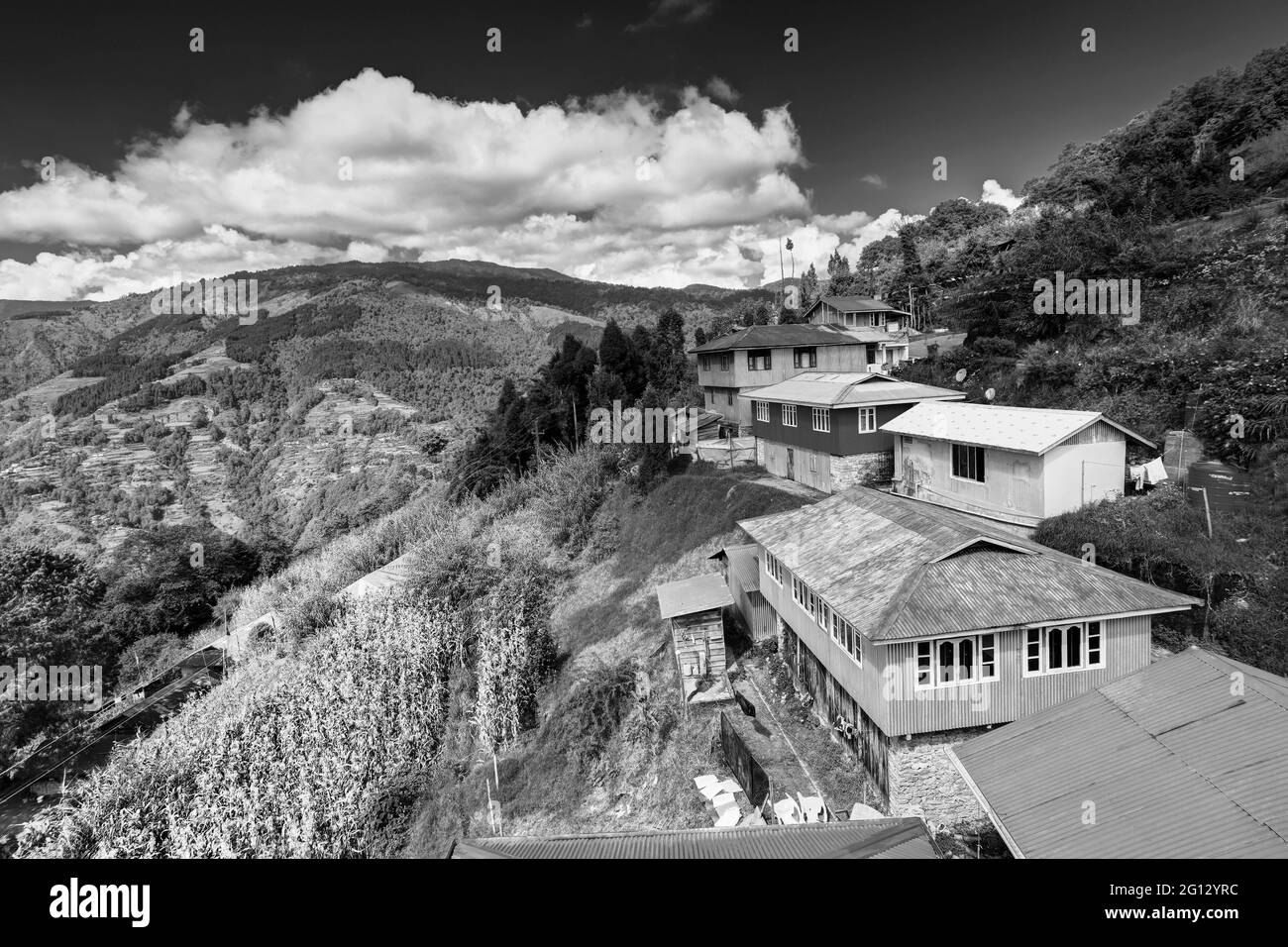 Okhrey village, Himalayan mountain range in the background . Okhrey is ...