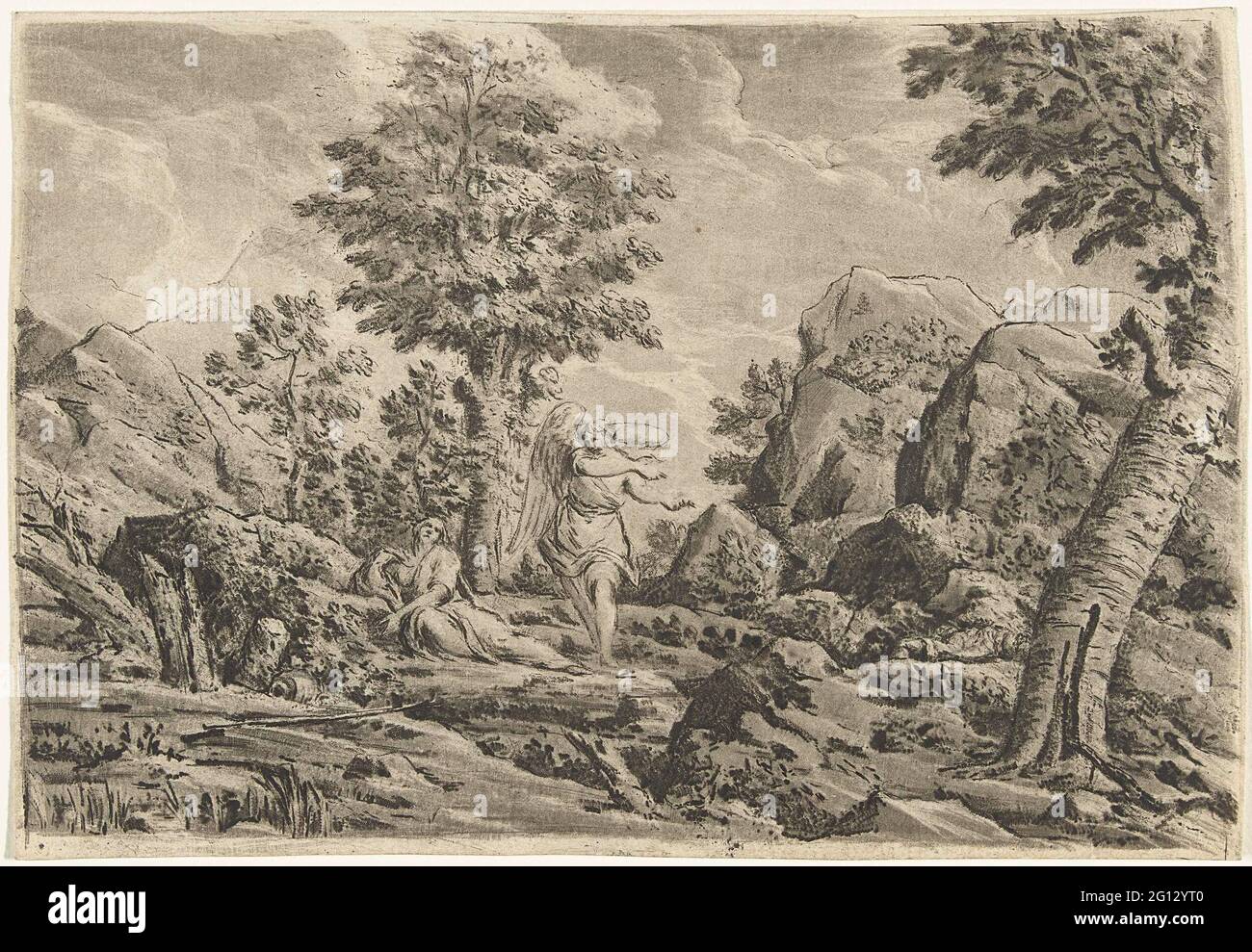 Hagar in the desert. Hagar is on the floor in a mountainous landscape ...