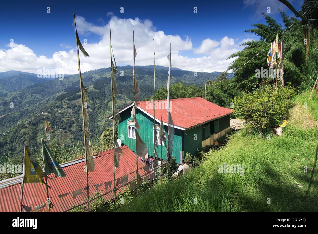 Beautiful way to Okhrey village, colourful Buddist prayer religious ...