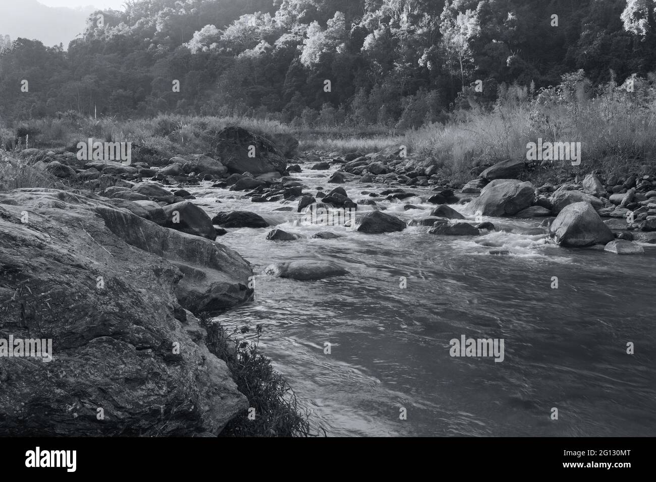 Beautiful Reshi River water flowing at dawn, Sikkim, India. Reshi is ...