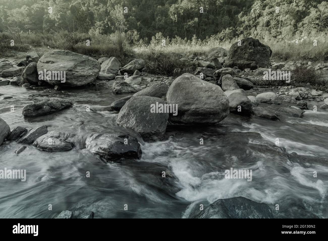 Beautiful Reshi River water flowing at dawn, Sikkim, India. Reshi is ...