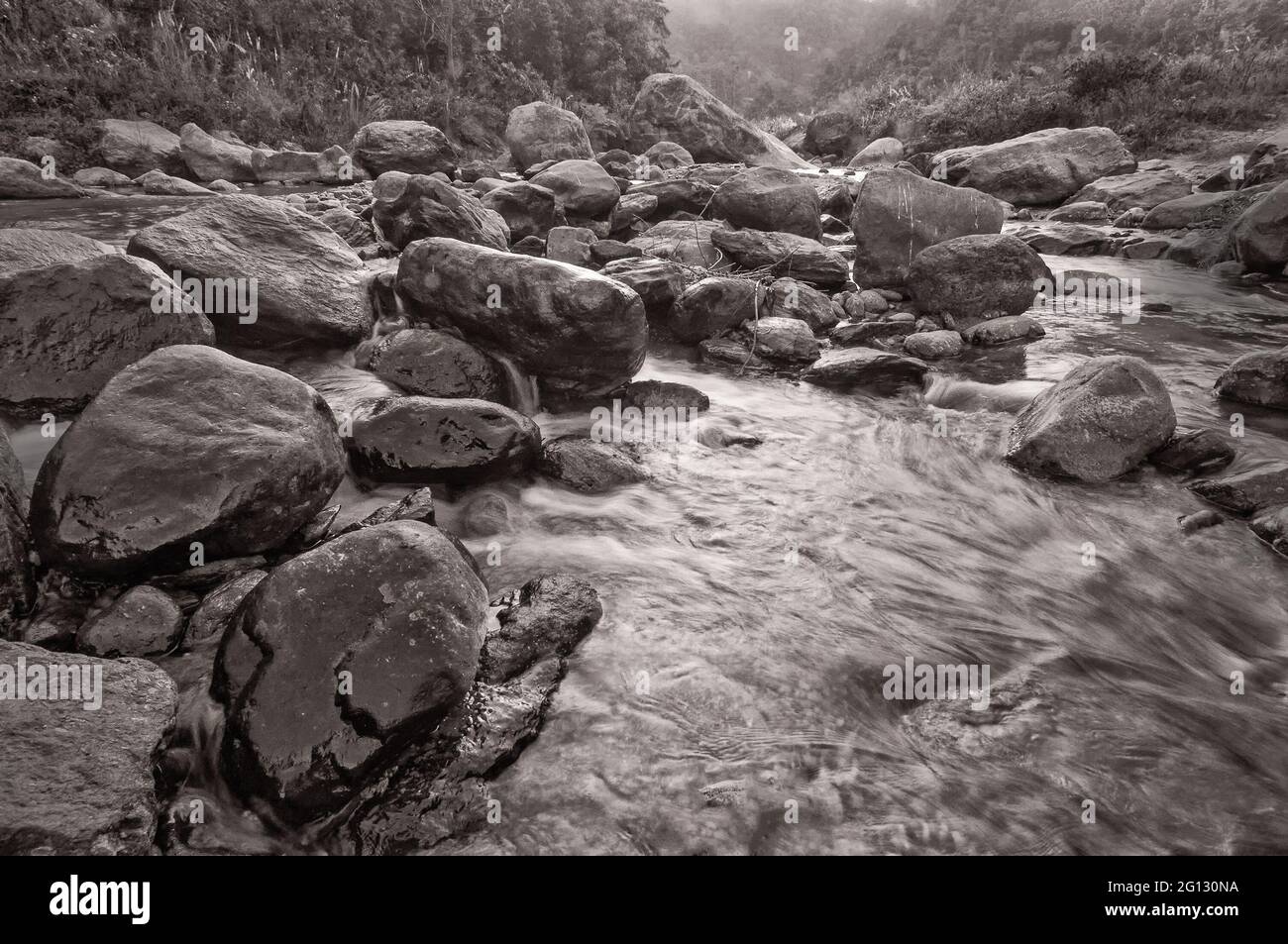 Beautiful Reshi River water flowing at dawn, Sikkim, India. Reshi is ...