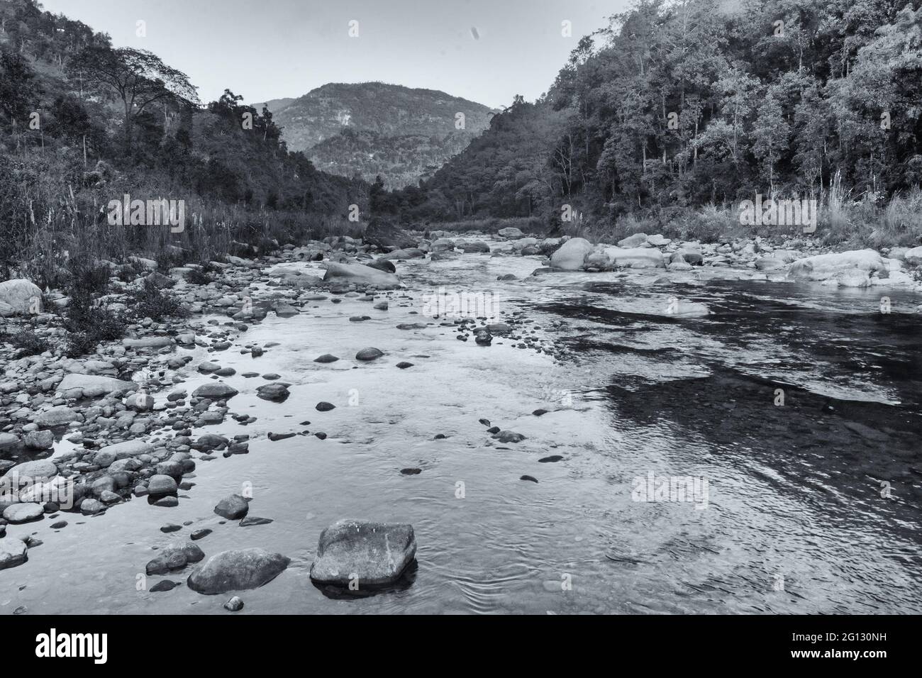 Beautiful Reshi River water flowing at dawn, Sikkim, India. Reshi is ...