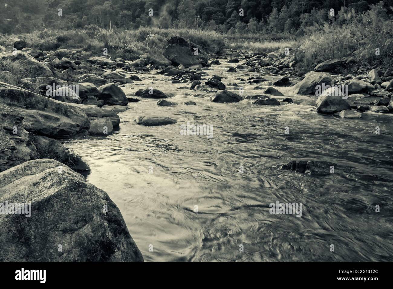 Beautiful Reshi River water flowing at dawn, Sikkim, India. Reshi is ...