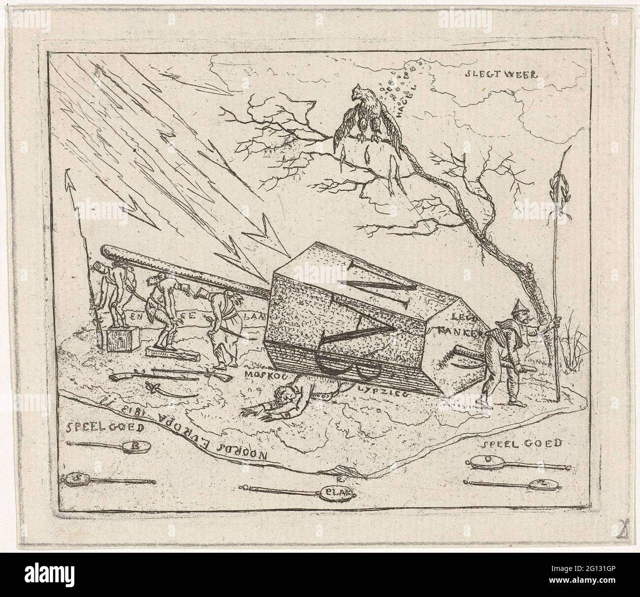 Napoleon crushed under a hexagonal block; Cartoon on the defeats of the ...