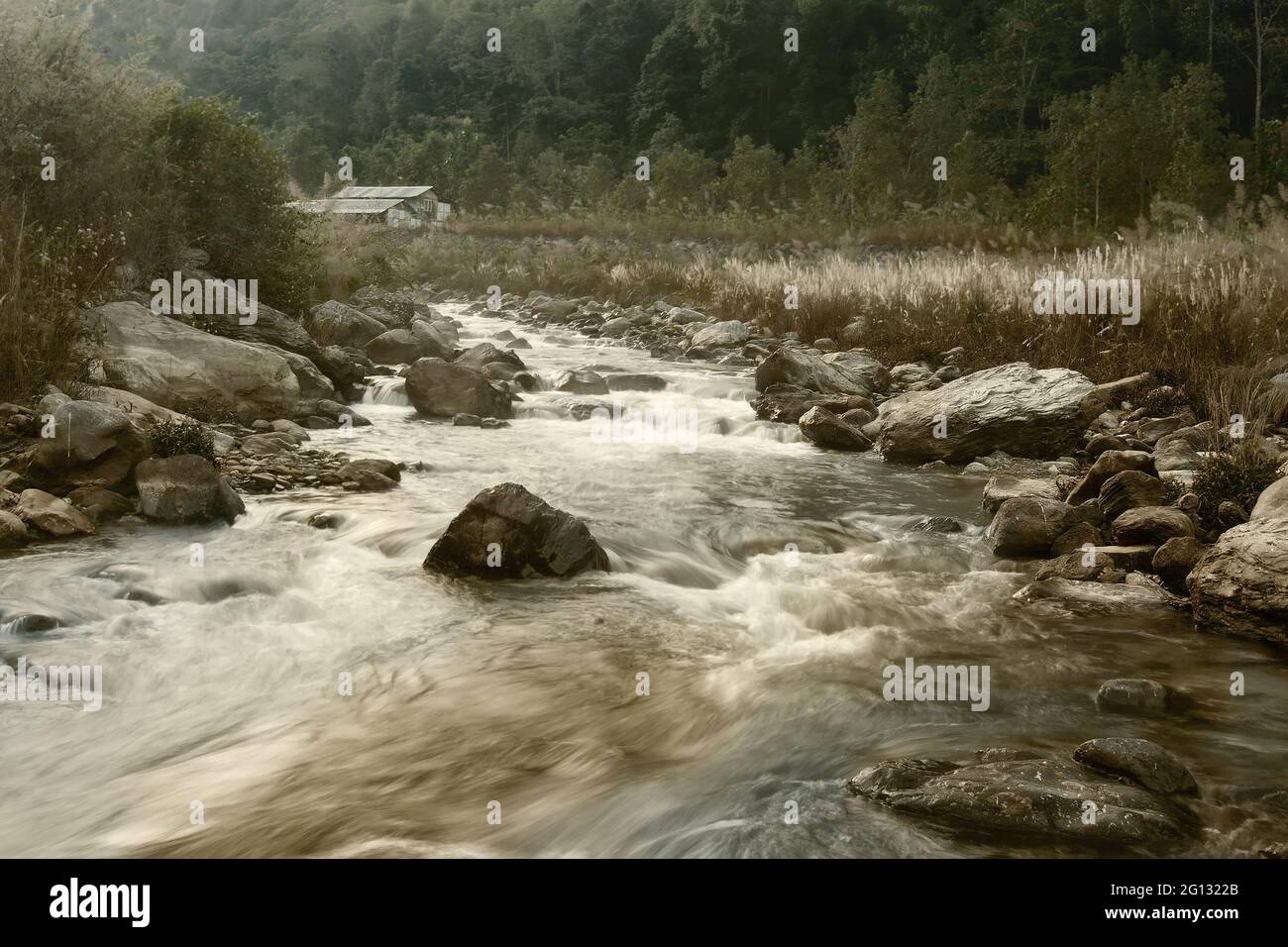 Beautiful Reshi River water flowing through stones and rocks at dawn ...