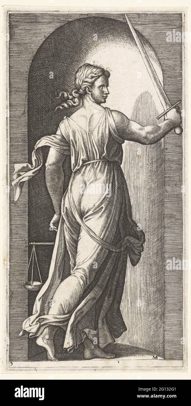 Woman as a personification of justice (Justitia) with scales and sword ...