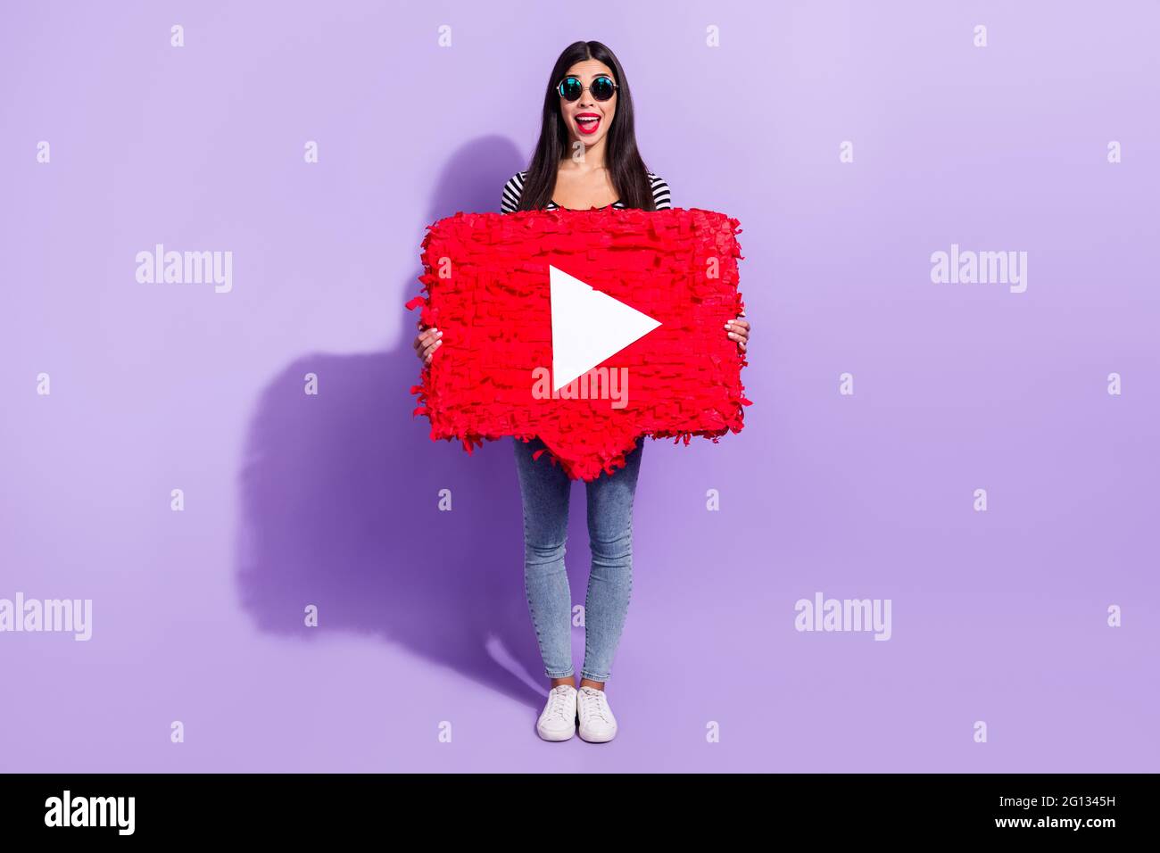 Full size photo of happy excited good mood positive girl hold huge ...