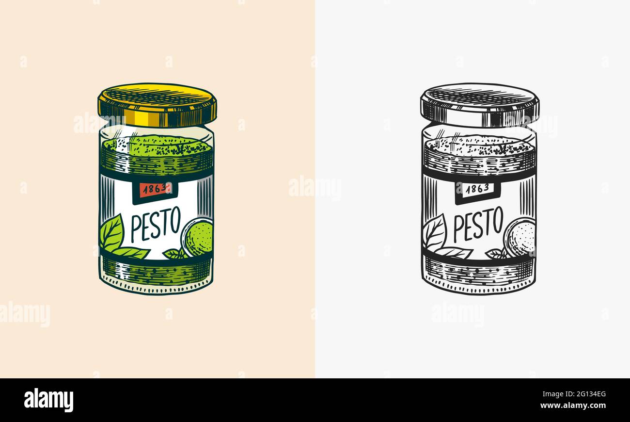 Pesto sauce in a jar. Glass bottle. Green vegetarian food. Engraved ...