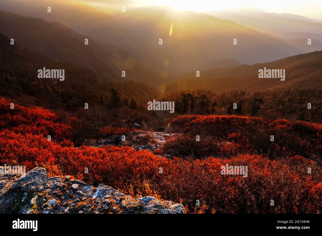 Beautiful Sunrise over valley of Himalayan mountains in Sikkim, India ...