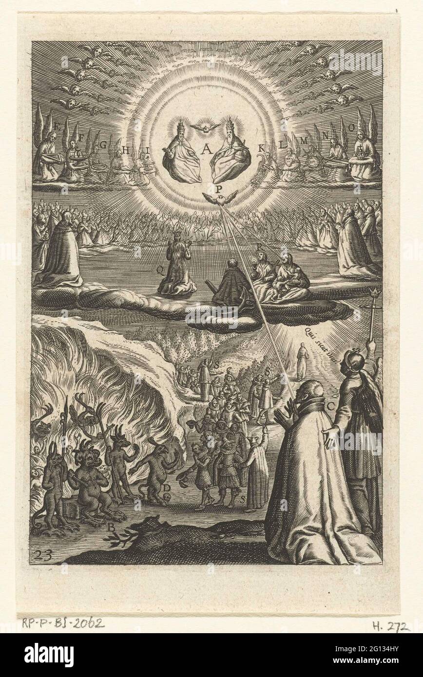 Emblem with man who has to choose if he will serve God or the devil ...