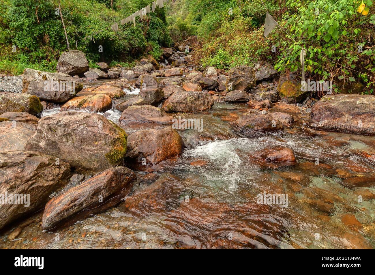 Fountain water flowing through rocks with green plants around, Kukhola ...