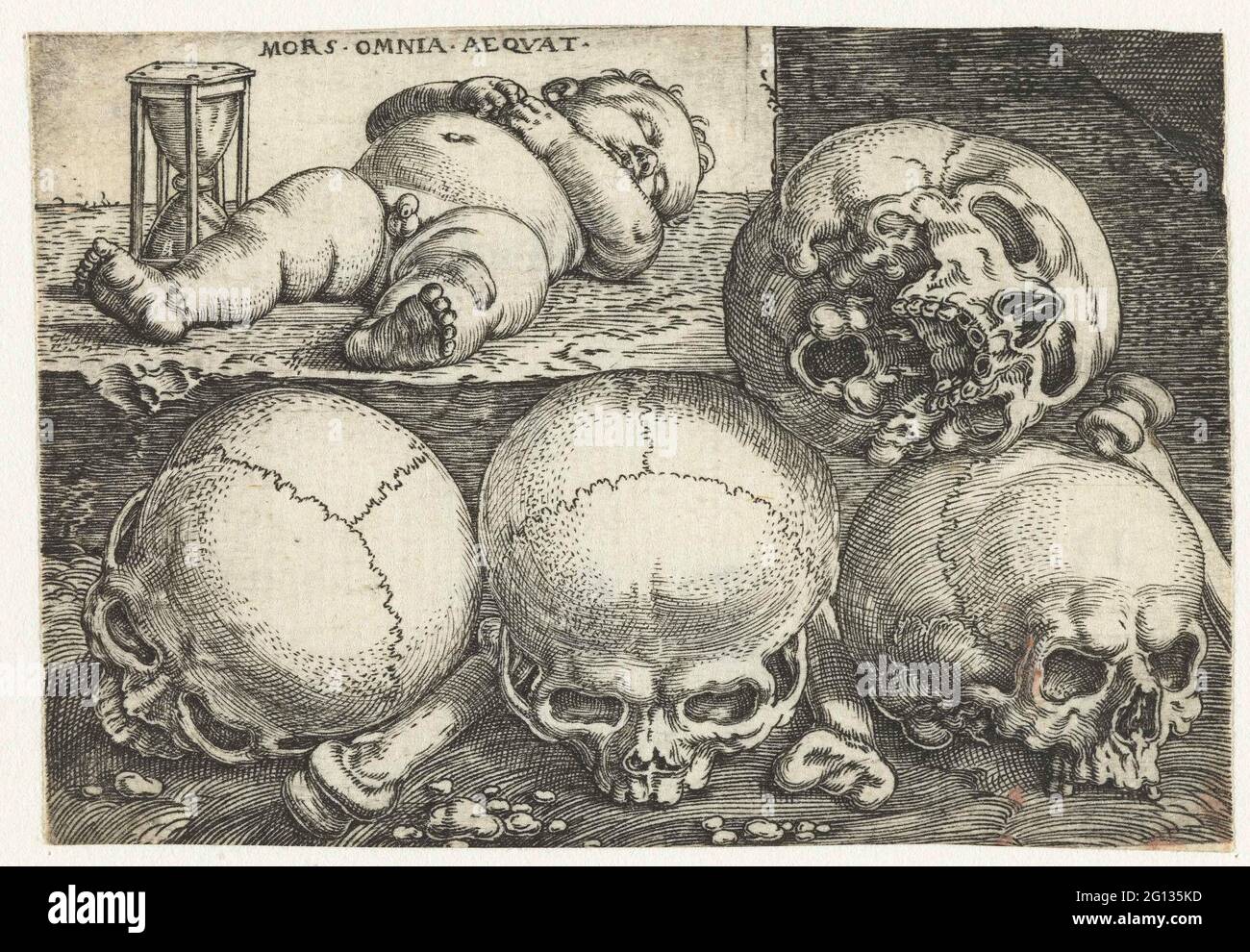 Sleeping child with hourglass and four skulls; Morsome AEQVAT. The ...