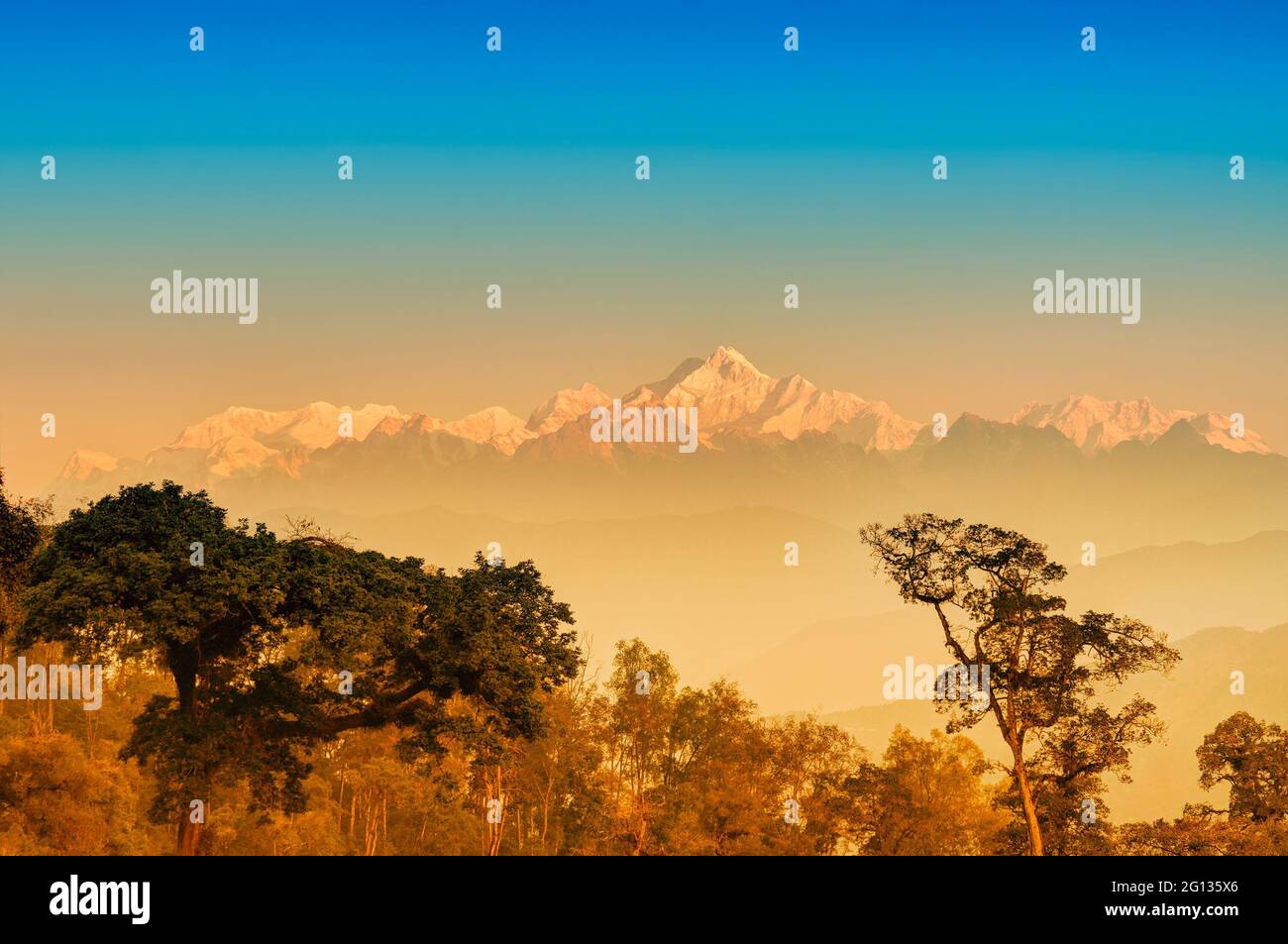 Beautiful view of Silerygaon Village with Kanchenjunga mountain range at the background, moring ...