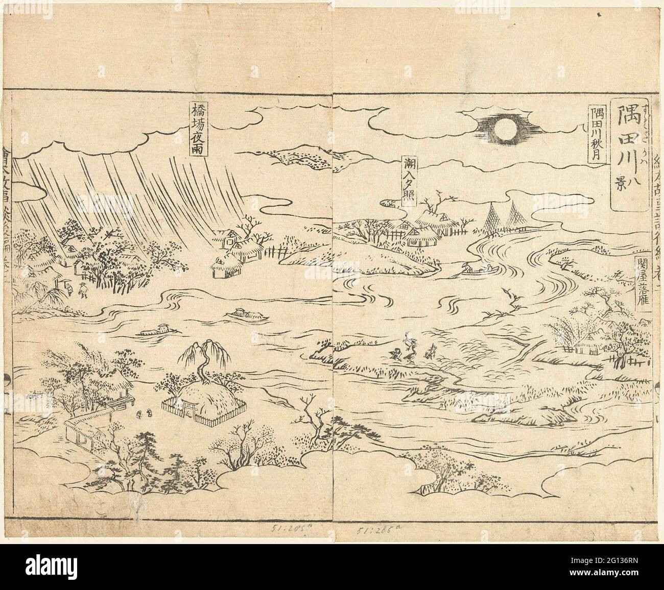 Eight faces on the Sumida River; Sumidagawa Hakkei; Ehon Kojidan. River ...