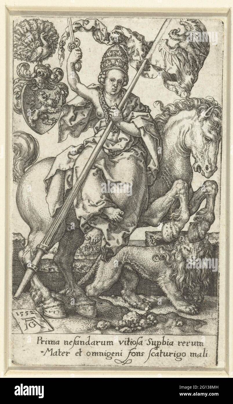 Pride; Seven deadly sins. Personification of pride. Woman on horseback ...