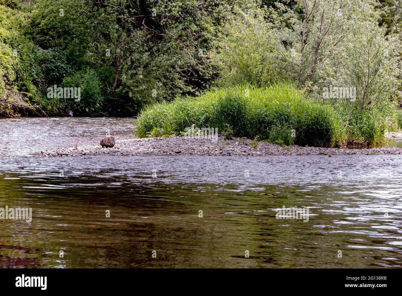 River Teme at Tenbury Wells, Worcestershire. With a small island in the ...