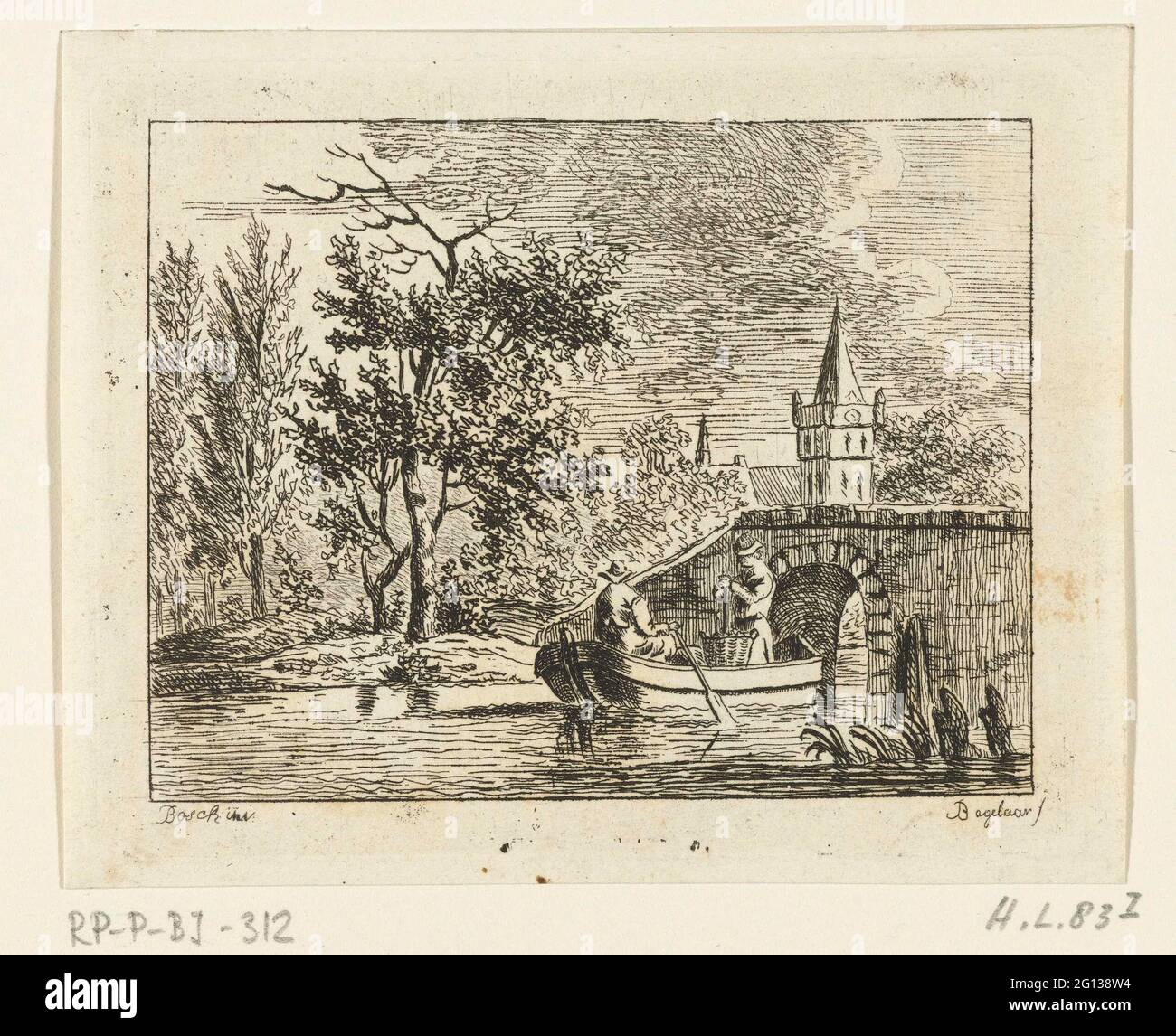 Two men in a rowing boat just behind a stone bridge Stock Photo - Alamy