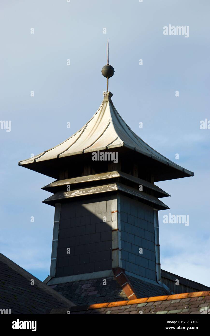 A view of one of the distinctive pagodas at Laphroaig Distillery on the ...