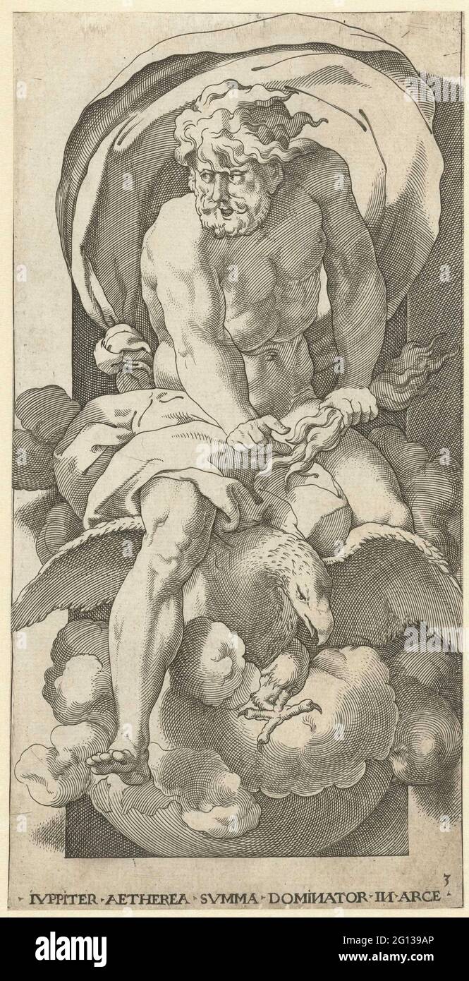 Jupiter on clouds with lightning bolts and eagle; Gods and Goddesses ...