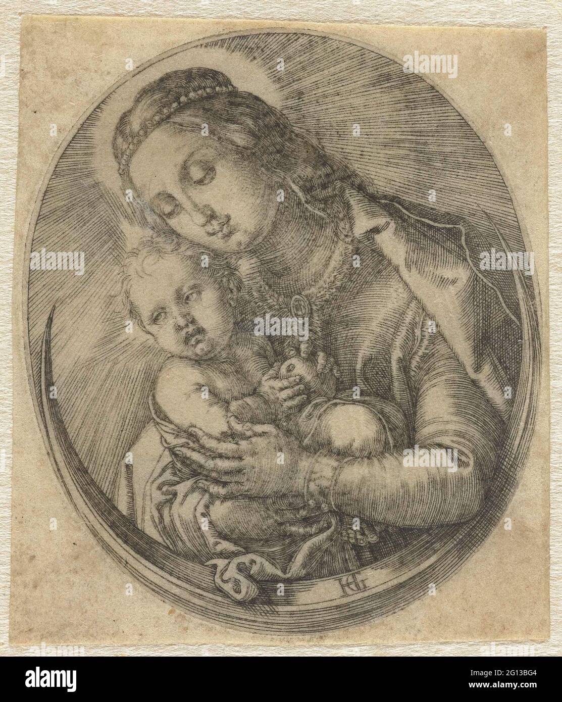 Maria with Christ child on a half moon. Maria, half in oval depicted ...