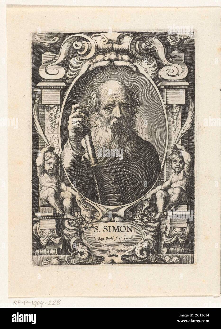 Apostle Simon Zelotes with saw in frame with architecture ornaments; S ...