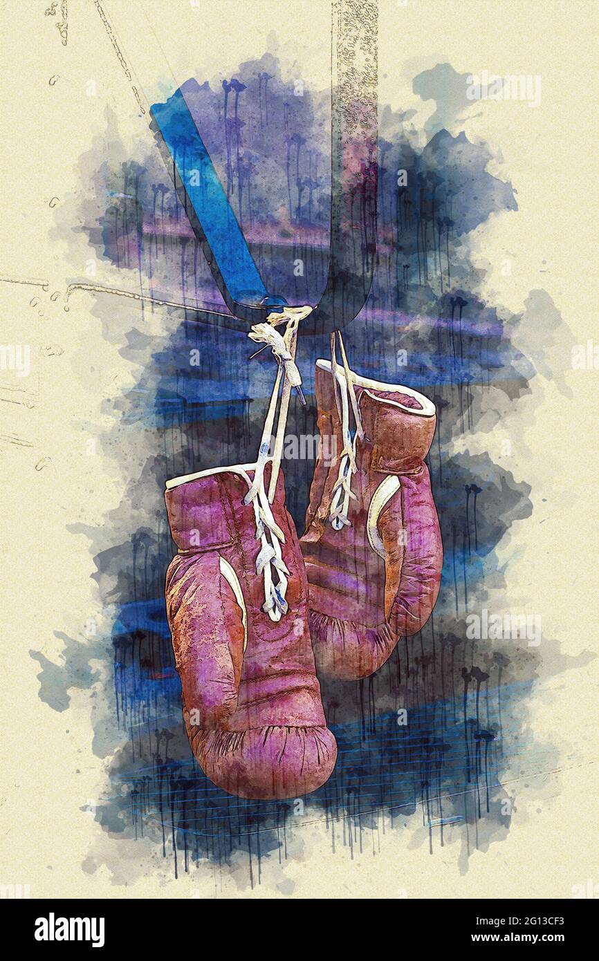 boxing gloves hanging from steel handle in watercolors Stock Photo - Alamy