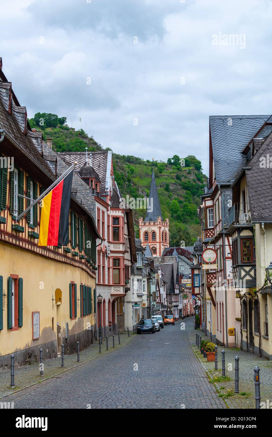 Half-timbered houses in the old centre of wine-trading Bacharach, Upper ...