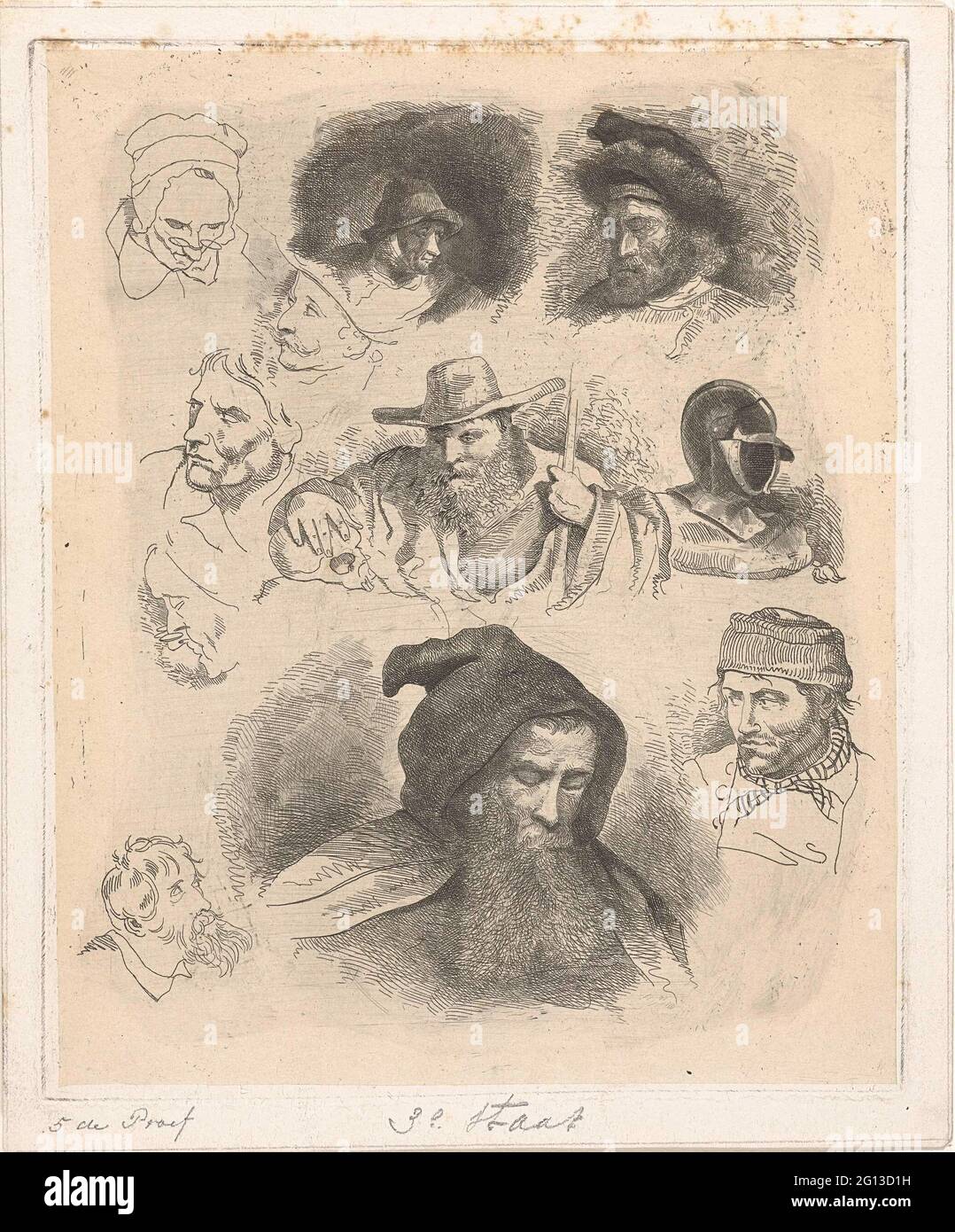 Portrait study of different heads. Study sheet with eleven different ...