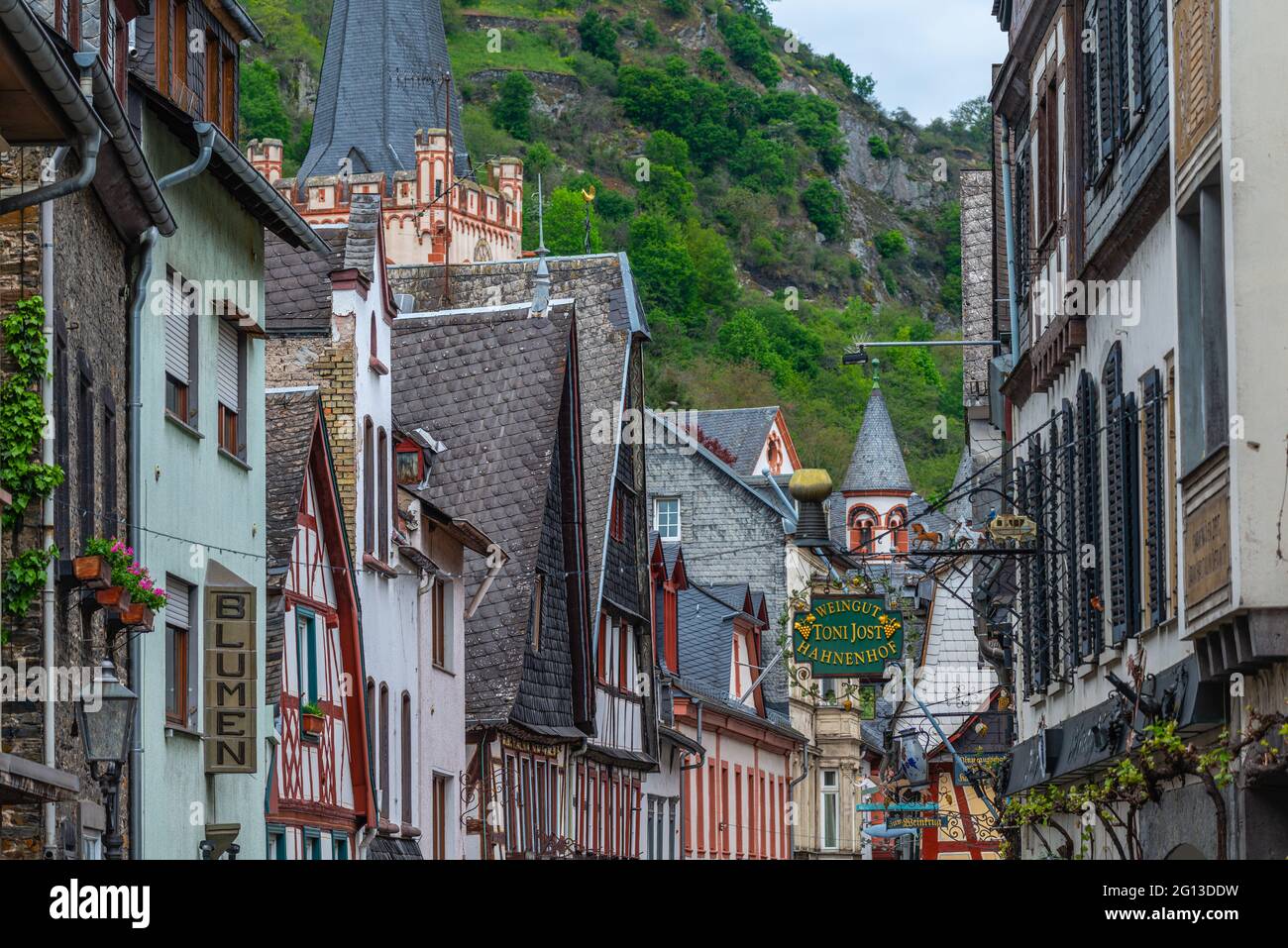 Half-timbered houses in the old centre of wine-trading Bacharach, Upper ...