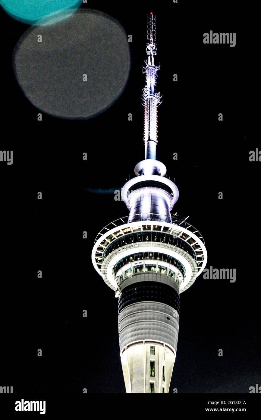 Sky City Tower. Night illumination against black background. Auckland ...