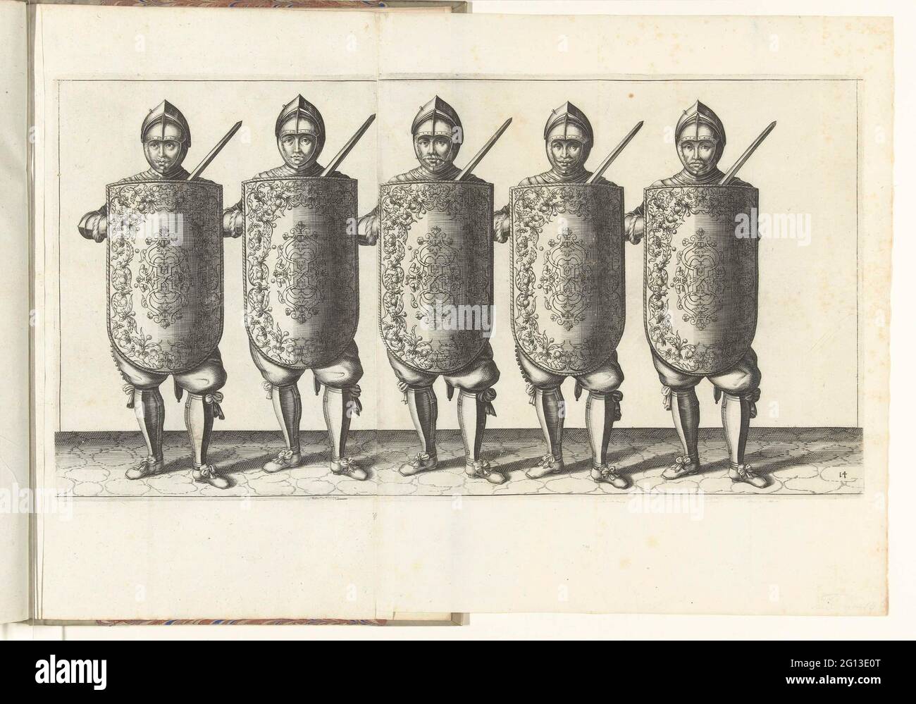 The exercise with the targe and rapier: five soldiers standing next to ...