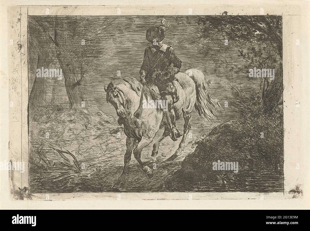 Rider. A man on horseback drives a road in the forest. It's a full moon ...