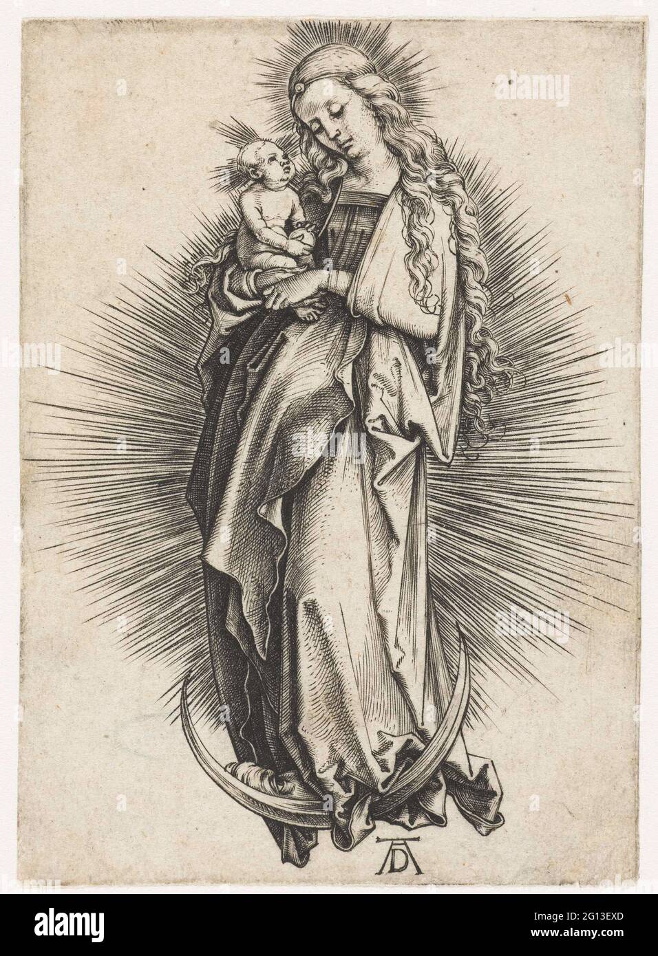 Maria with child on the crescent moon. Maria with a long curly hair ...