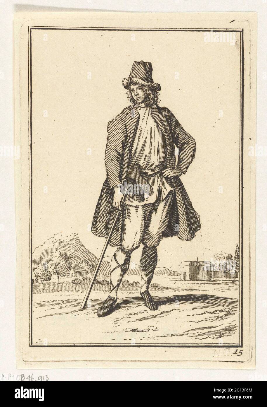 Man with hat and stick; Dutch costumes. Man in a landscape dressed as a ...
