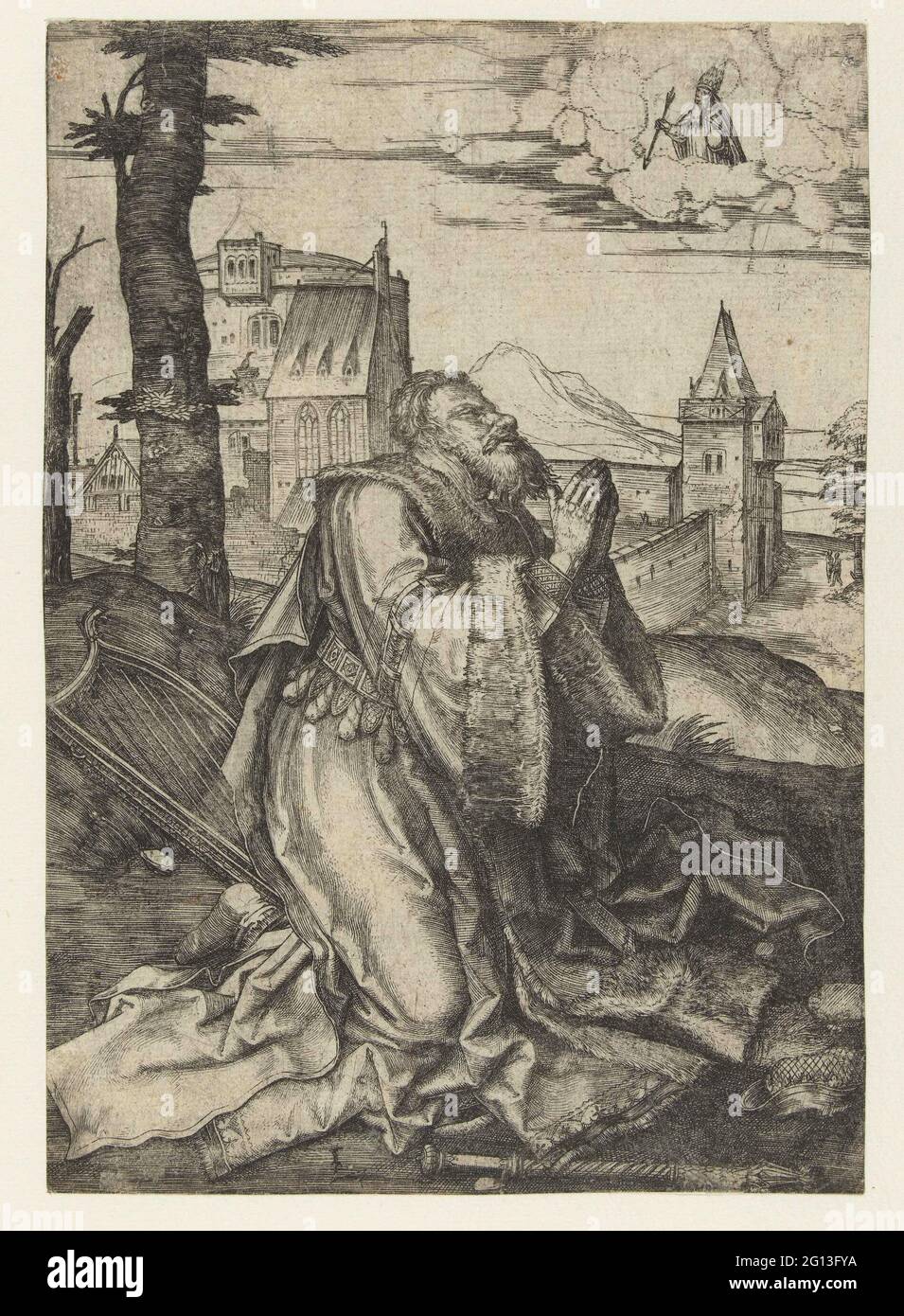 David in prayer. David kneeled and placed with hands together, harp and ...