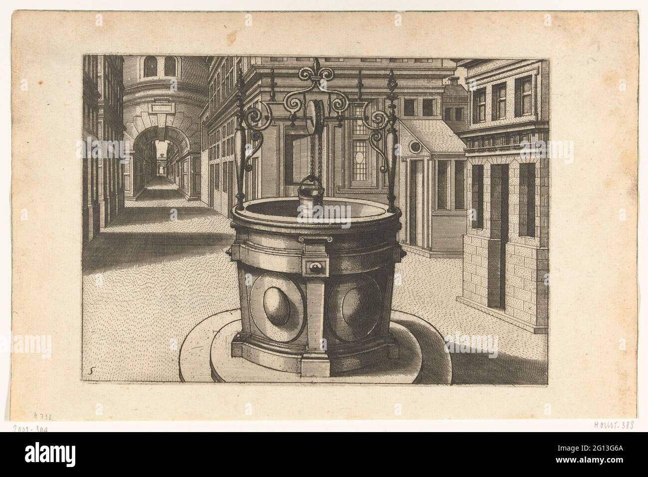 Street and round water well with metal roof; Water wells. A street with ...