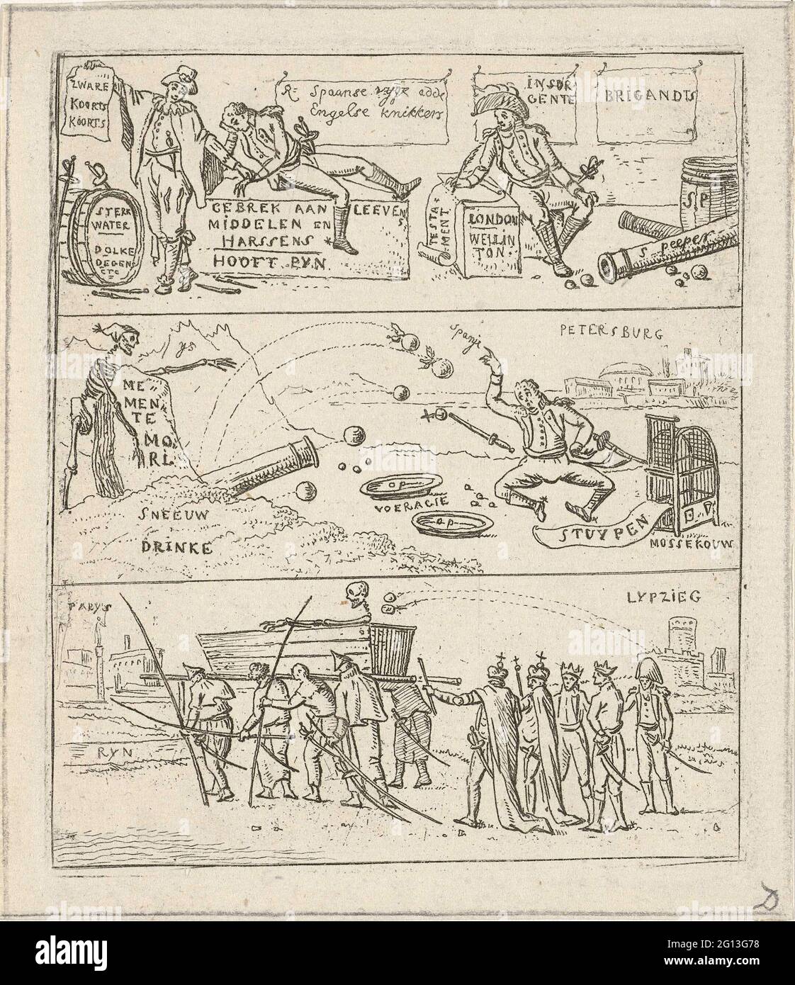 Cartoon with three images about the losses in Spain, Moscow and Leipzig ...