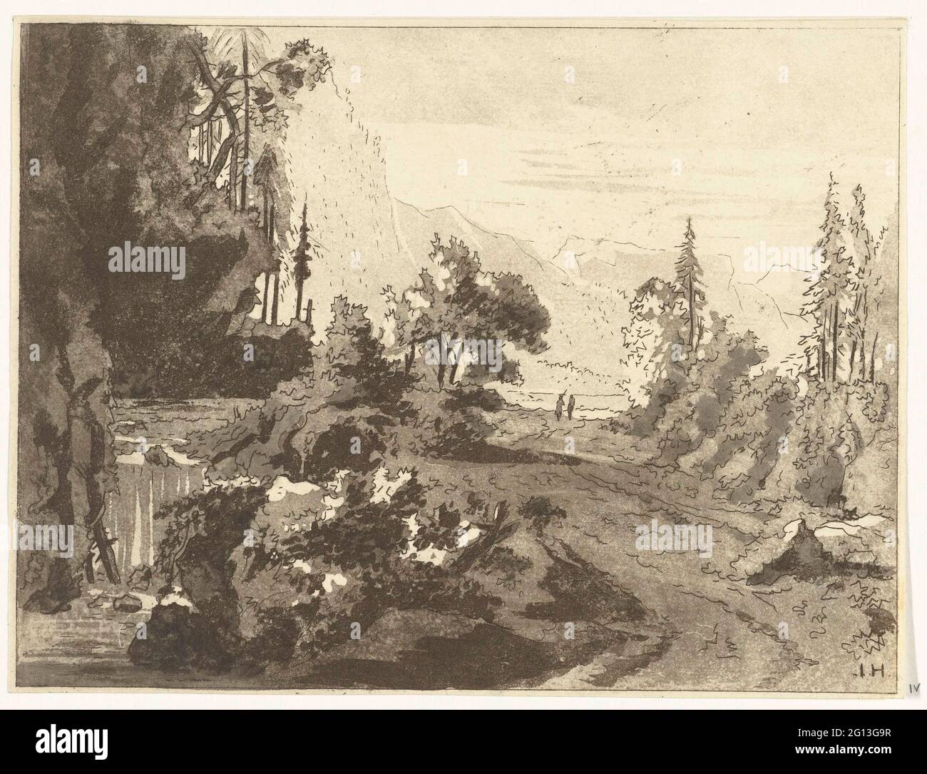 Mountainous landscape. Two hikers walk on a road through a valei. On ...