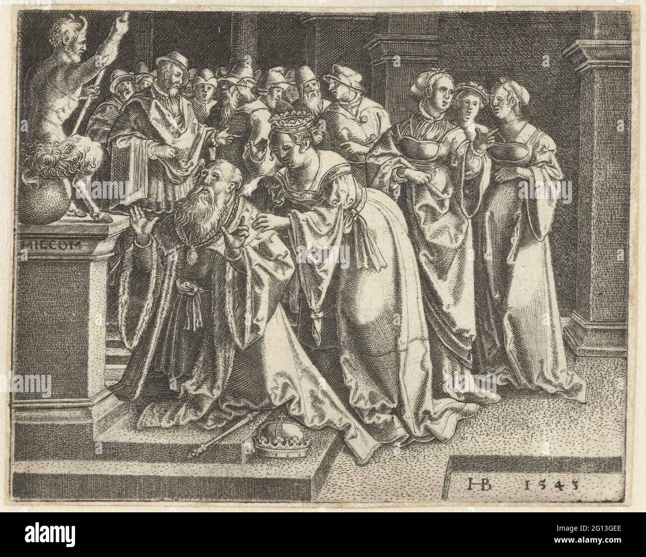 Solomon (Salomon) kneels altar with idol, one satyr; Solomon's geometry ...