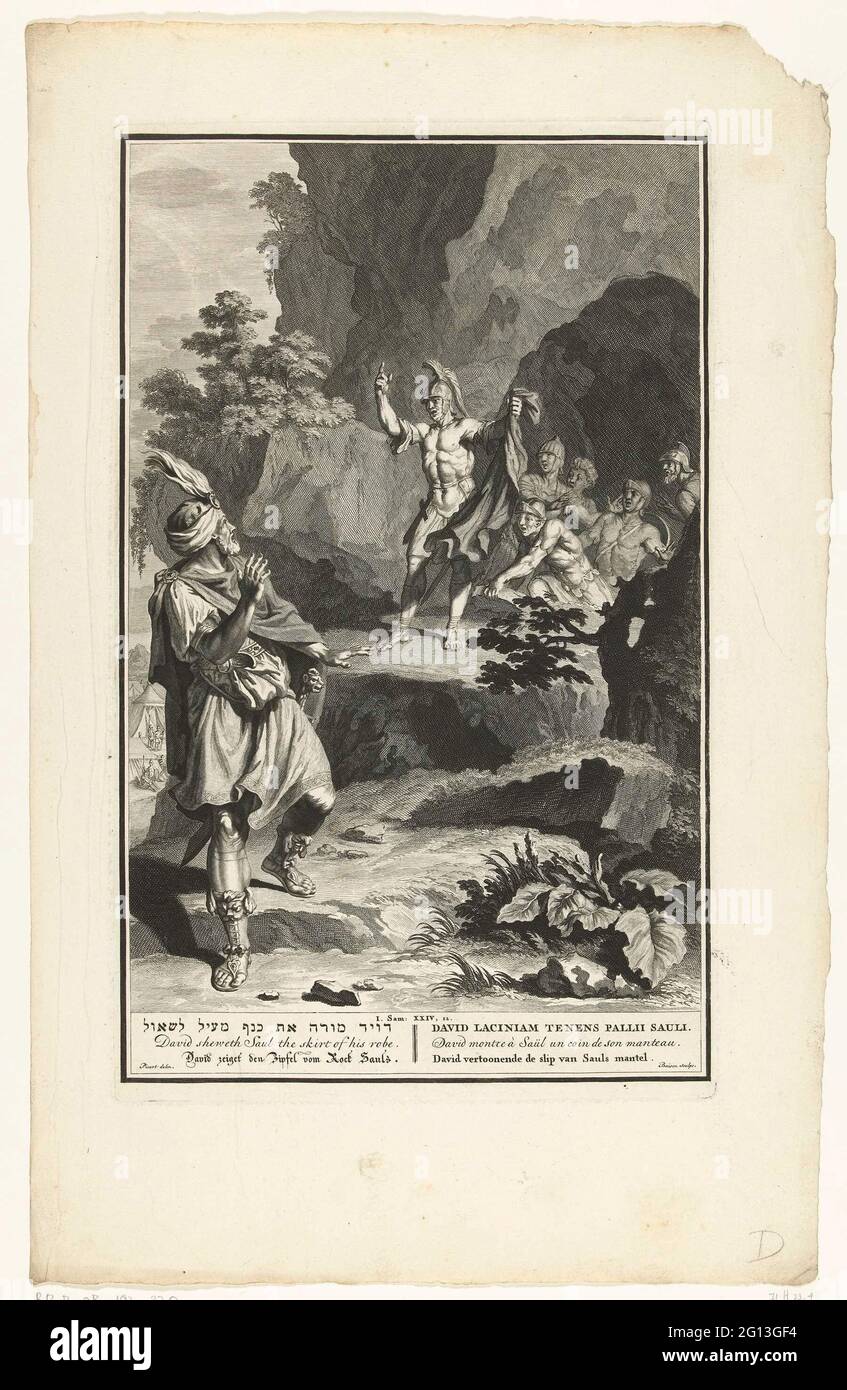 David shows Saul the piece of his cloak; David showed the slip of Saul ...