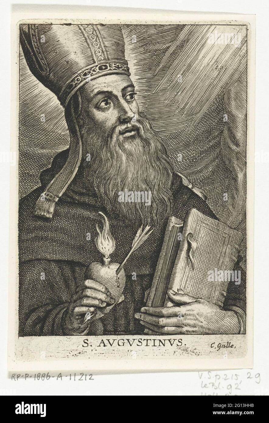 Saint Augustine with burning heart pierced with arrow; S. AVGVSTINVS ...