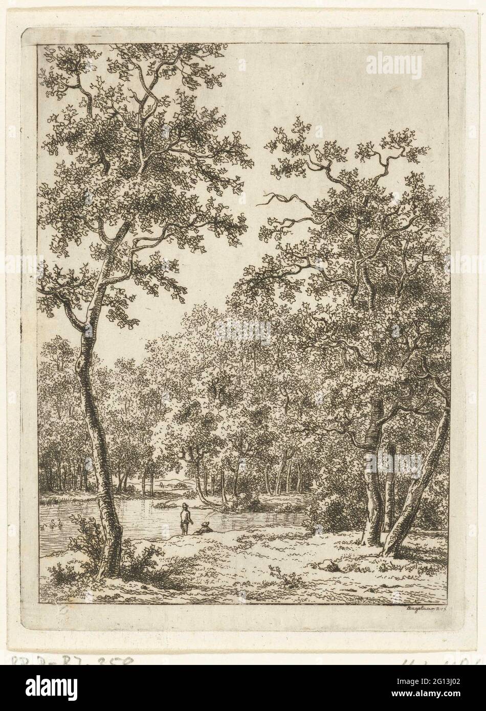 Landscape with two men on the shore of a river Stock Photo - Alamy